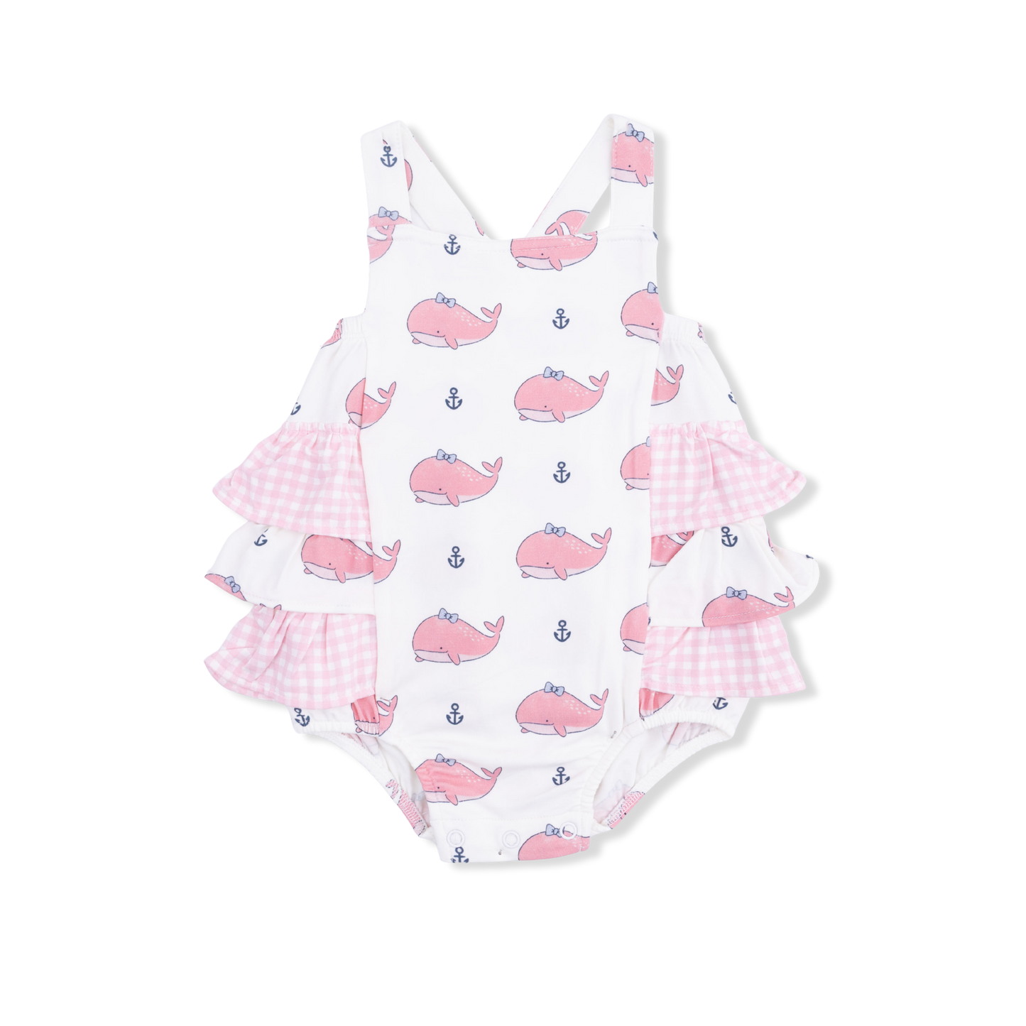 Bubbly whale w. pink bows ruffle sunsuit – Tugboat & The Bird